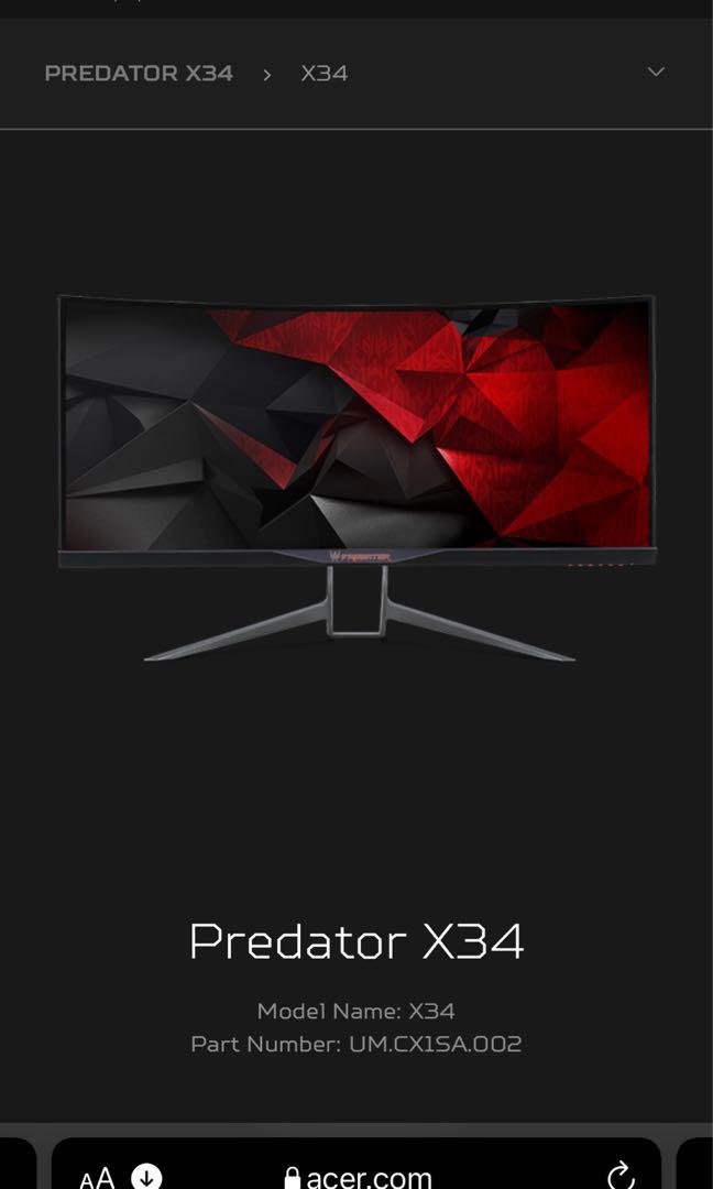 Acer Predator X34 Ultrawide 100Hz, Computers & Tech, Parts ...
