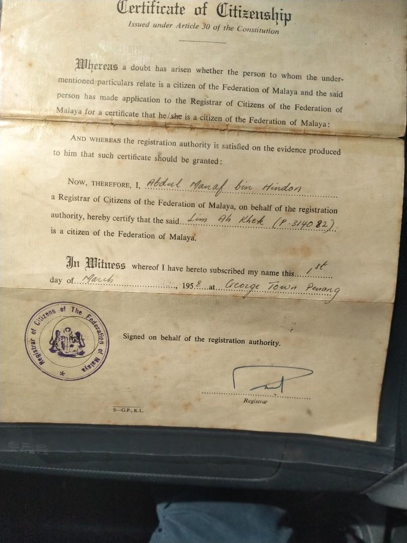 Certificate of Citizenship Malaya 1958, Hobbies & Toys, Collectibles ...
