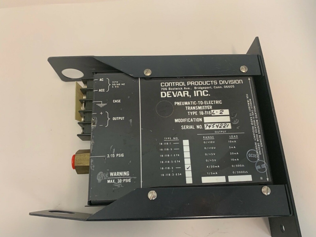 DEVAR INC Control Products Divsion Pneumatic To Electric Tranmitter 10 ...