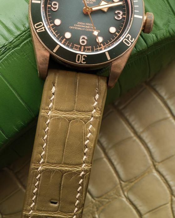 Handmade Handstitched Watch Strap In Pine Green Alligator Leather For ...