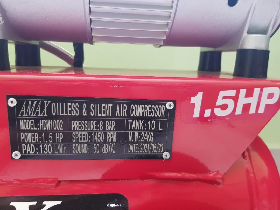 Amax 1.5 HP Oil-less Silent Air Compressor 10L Tank, Furniture & Home ...