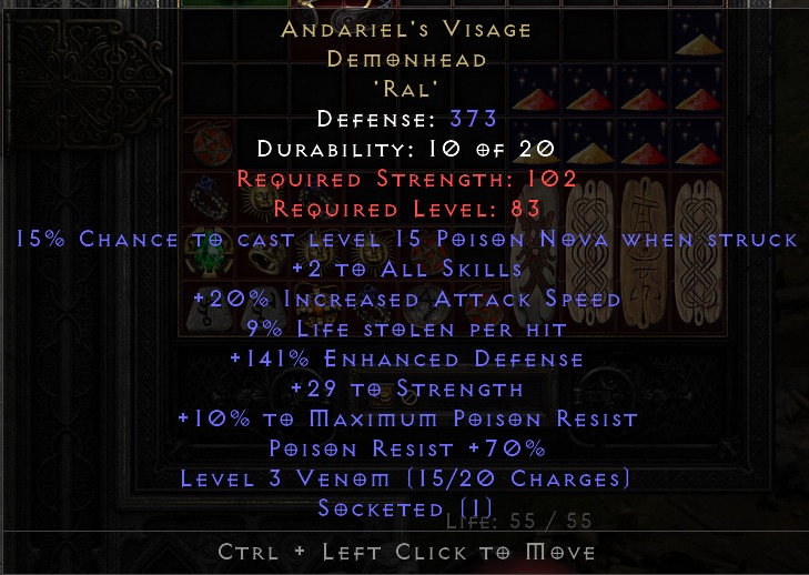 Andariel's Visage w/ Ral Rune, Video Gaming, Gaming Accessories, In ...