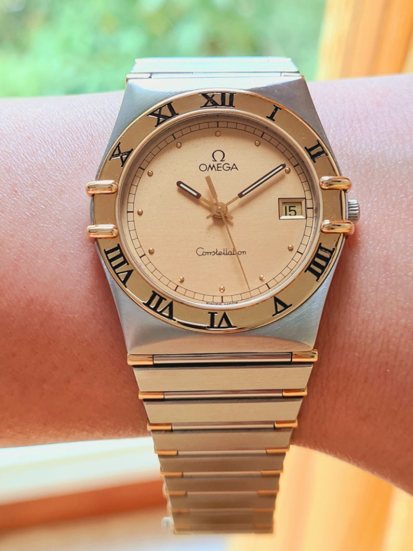 Omega Constellation Mens Champagne Gold Round Roman Dial Gold Steel ...