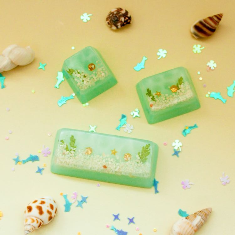 Artisan resin keycaps | summer wave beach bubble sea aquamarine ...