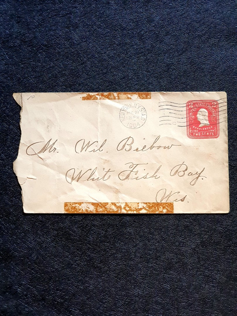US 1904 2c Pink Washington Stamped Envelope. New York to White Fish Bay ...