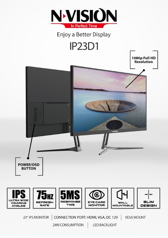 New 23" IPS Full HD 75Hz Monitor IP23D1 Nvision 1080p , Computers ...