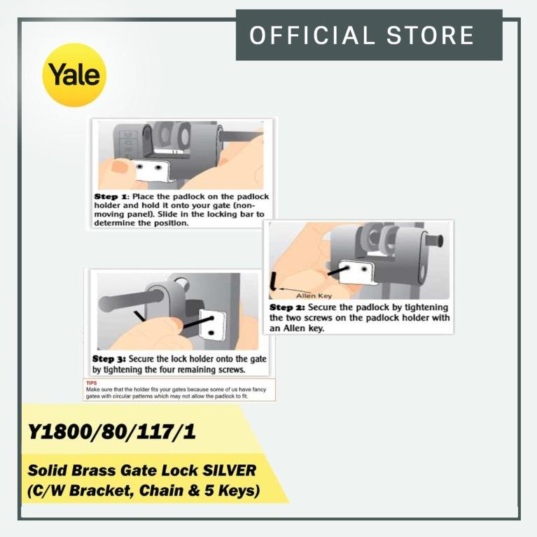 Yale Y1800/80/117/1 BLACK Solid Brass Gate Lock (C/W Bracket, Chain & 5 ...