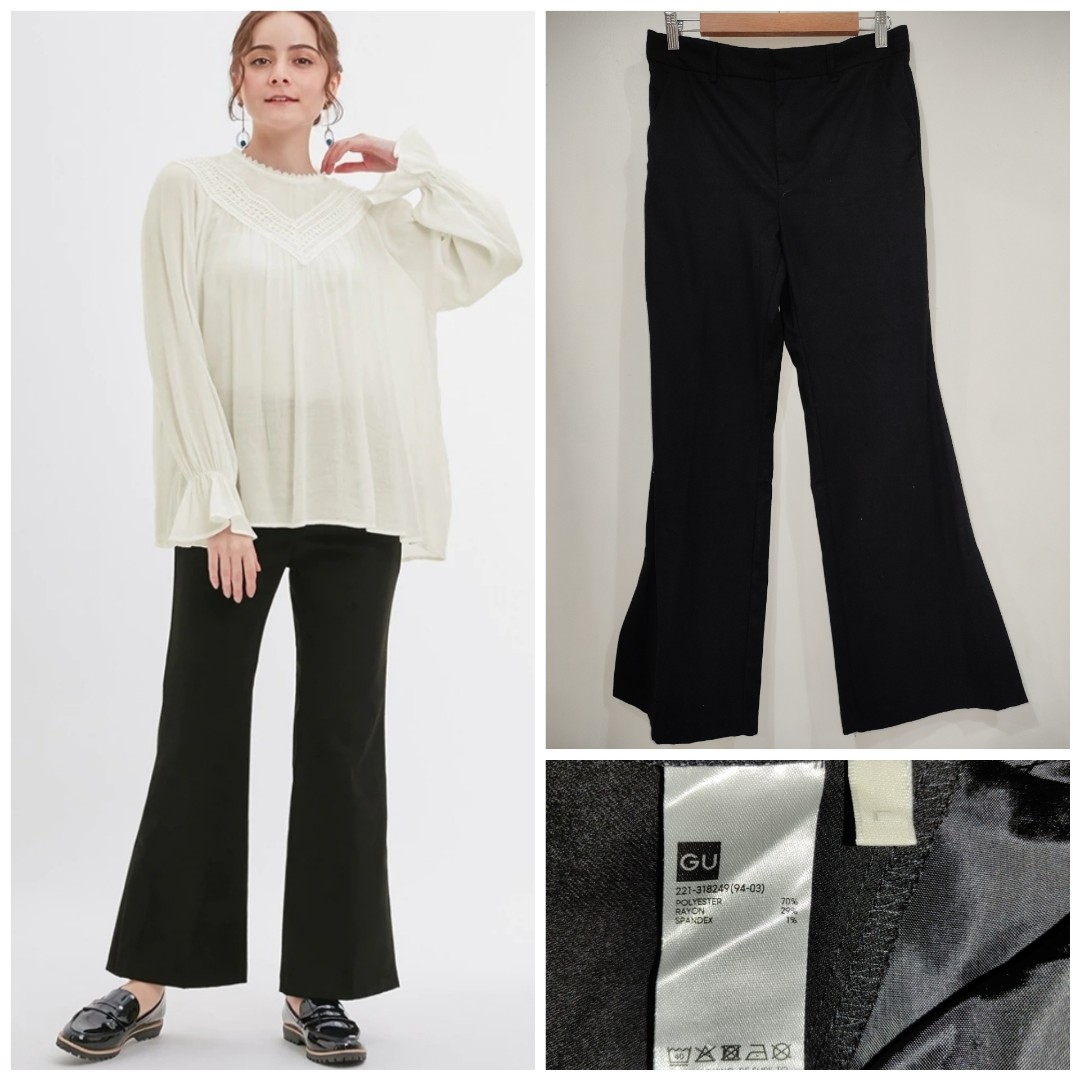 GU Brushed Back Semi-flared pants (Black), Women's Fashion, Bottoms ...