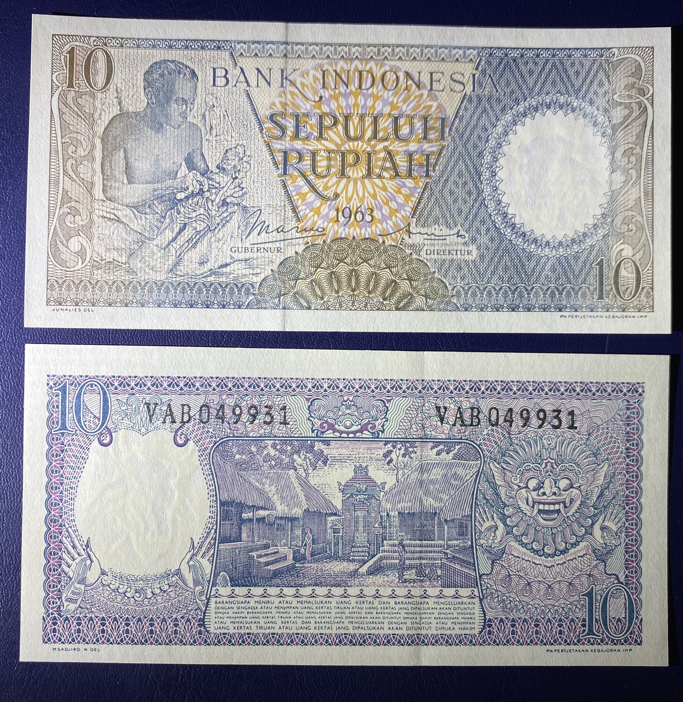 VIntage ~ Indonesia 10 Rupiah, 1963 UNC Banknote, Hobbies & Toys ...