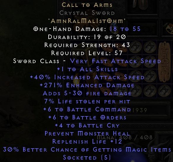 D2R - Perfect 6/6/4 CTA CS Calls to Arm Crystal Sword, Video Gaming ...