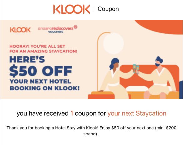 Klook $50 staycation voucher, Tickets & Vouchers, Vouchers on Carousell