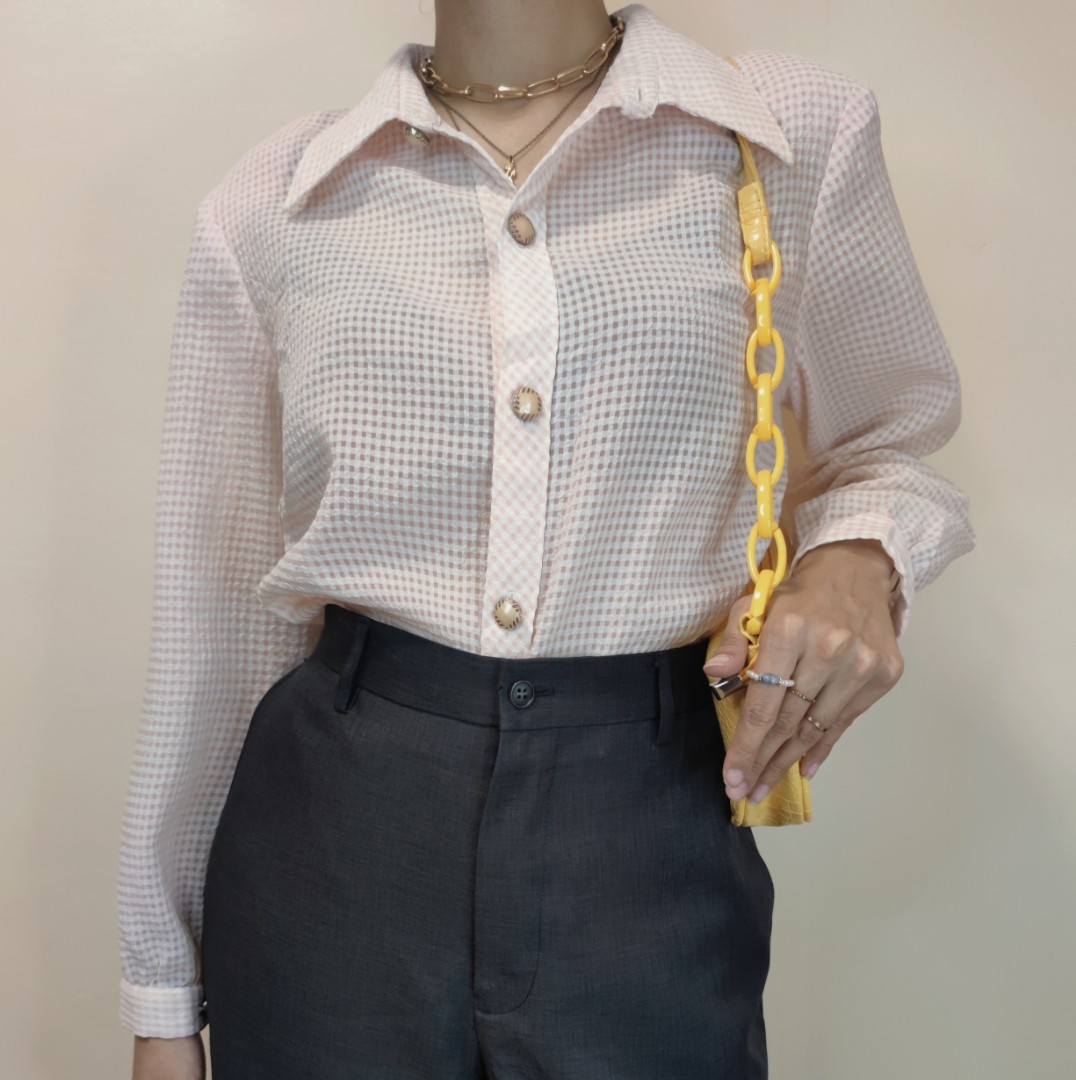 vintage pastel pink gingham button-down, Women's Fashion, Tops, Blouses on Carousell