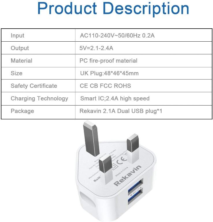 USB Plug Charger,Rekavin Dual Port USB Wall Plug Adapter UK Compact Mains Charge 2.1A with Smart ...