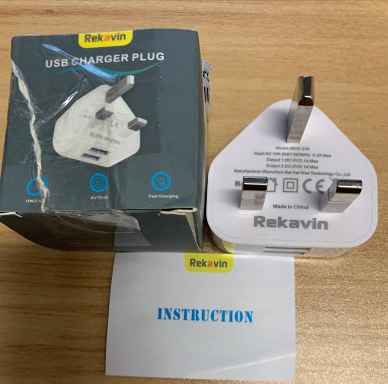 USB Plug Charger,Rekavin Dual Port USB Wall Plug Adapter UK Compact Mains Charge 2.1A with Smart ...