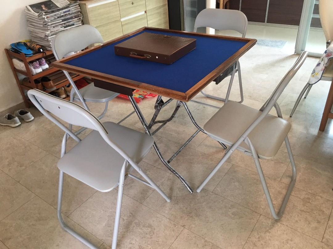Mahjong table + 4 chairs + mahjong set, Furniture & Home Living ...