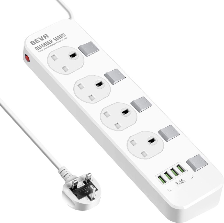 Extension Lead with USB Ports, BEVA 4 Way Outlets 4 USB slots with 3M ...