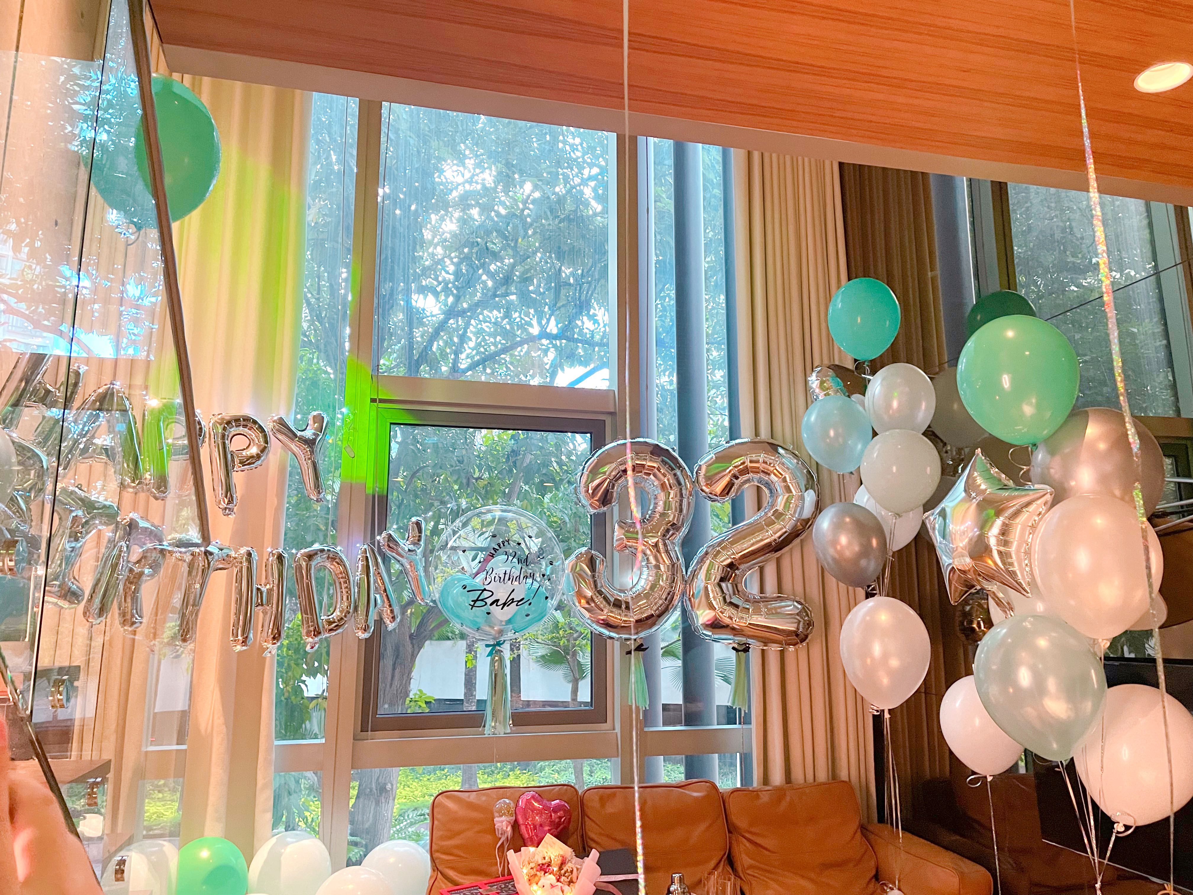 Happy birthday M social hotel set up, proposal decorations, helium ...