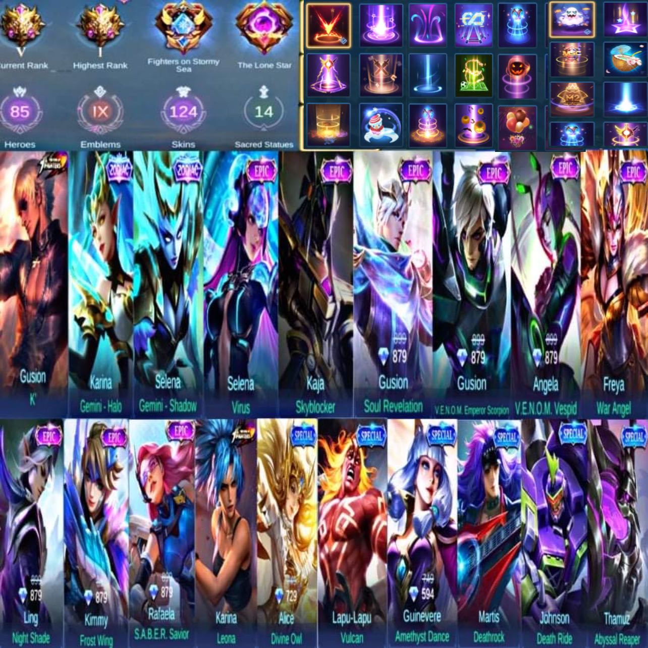 KOF Gusion Mobile Legends Account (Many Limited Epic Skins,Maxed ...