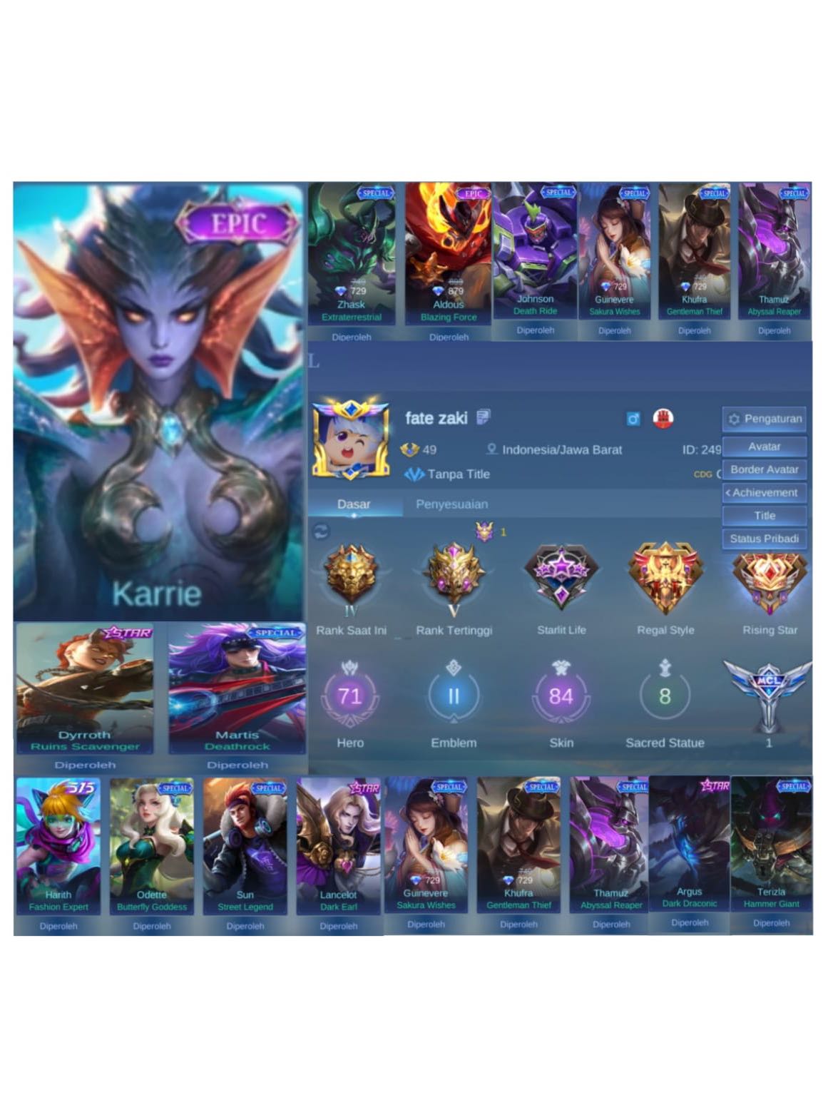 84 skins Mobile legends account #031 (71 HEROES, 84 SKINS, 2 MSXED ...
