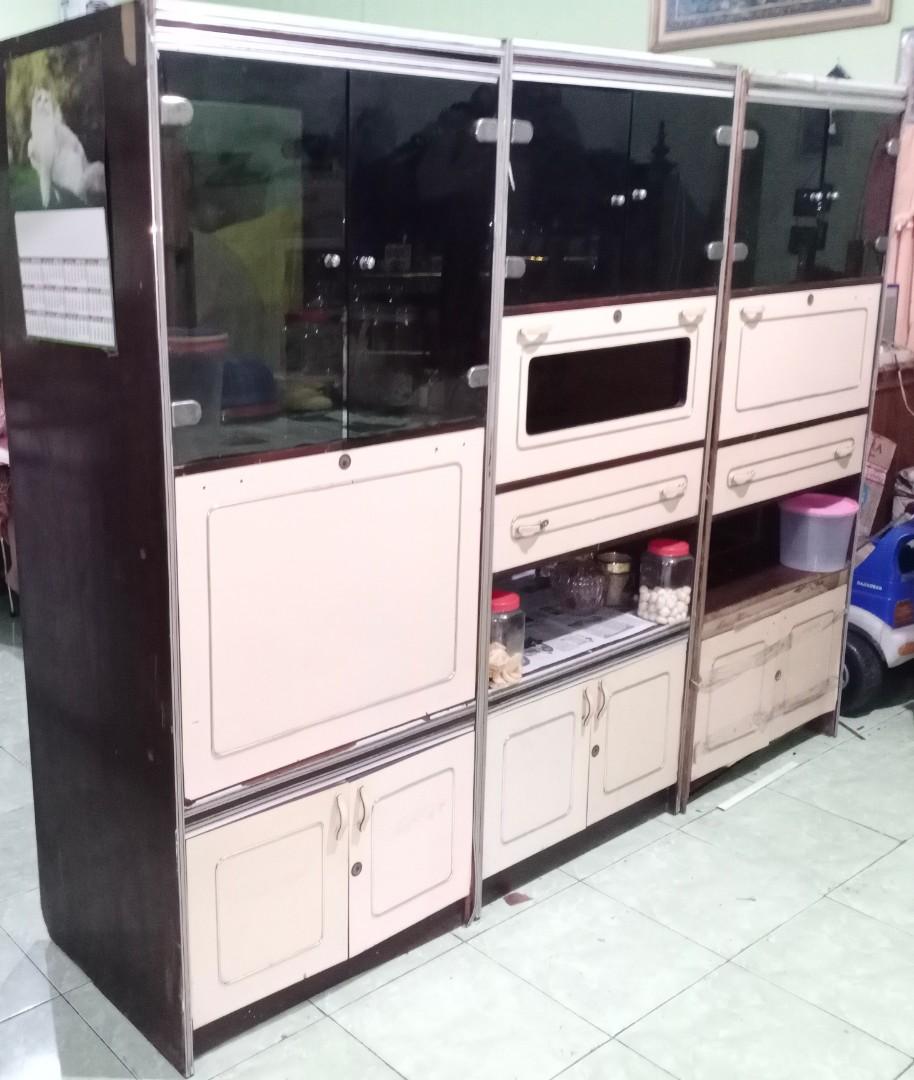 Buffet 3 lemari kaca lawas 2,5 m Melamin tebal 2 cm, bermuka 2, Antik ...