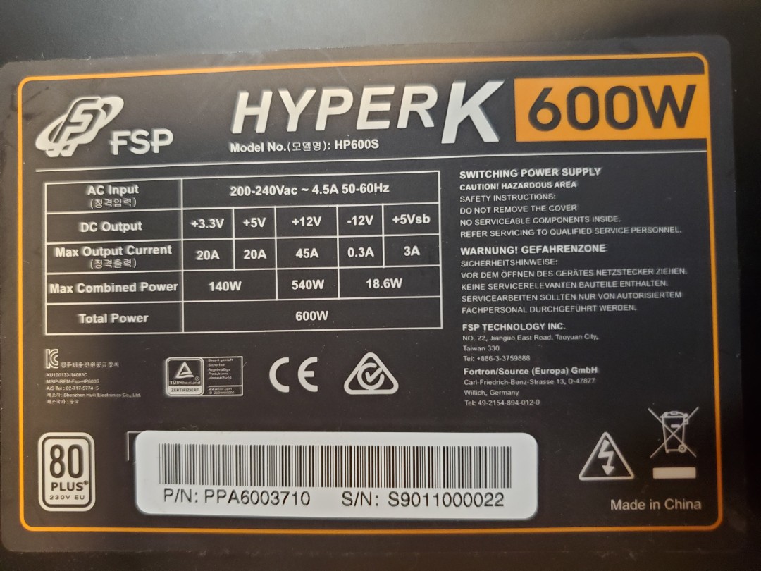 FSP HYPER K 600W ATX 80 plus power supply, 電腦＆科技, 電腦周邊及配件, 電腦周邊產品 ...