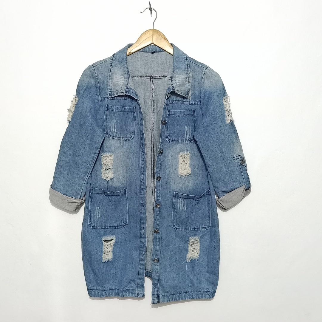 Distressed long denim jacket, Women's Fashion, Coats, Jackets and ...