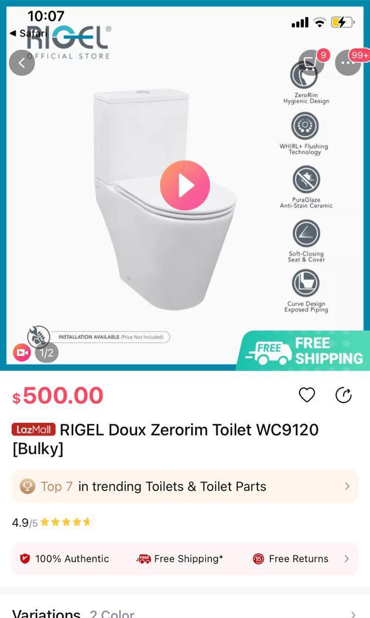 Rigel Toilet Bowl WC9120 Rimless, Furniture & Home Living, Bathroom ...