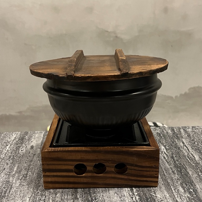 Stone Pot Set with Wooden Lid, Wooden Base and Cast Iron Stove ...