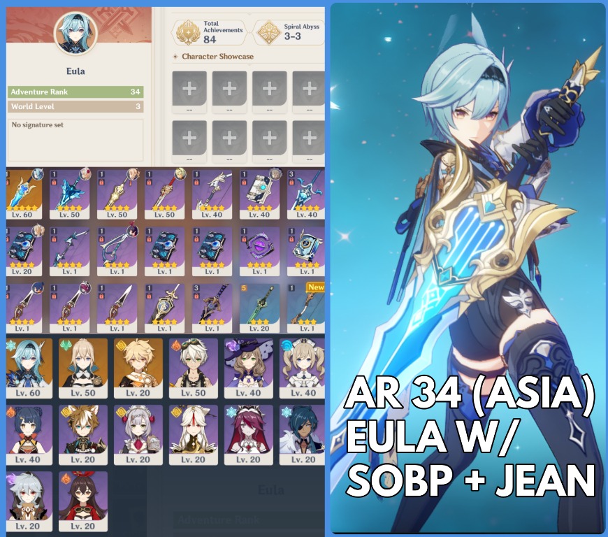 Genshin Eula w/ Signature Weapon + Jean MID AR Account, Video Gaming ...