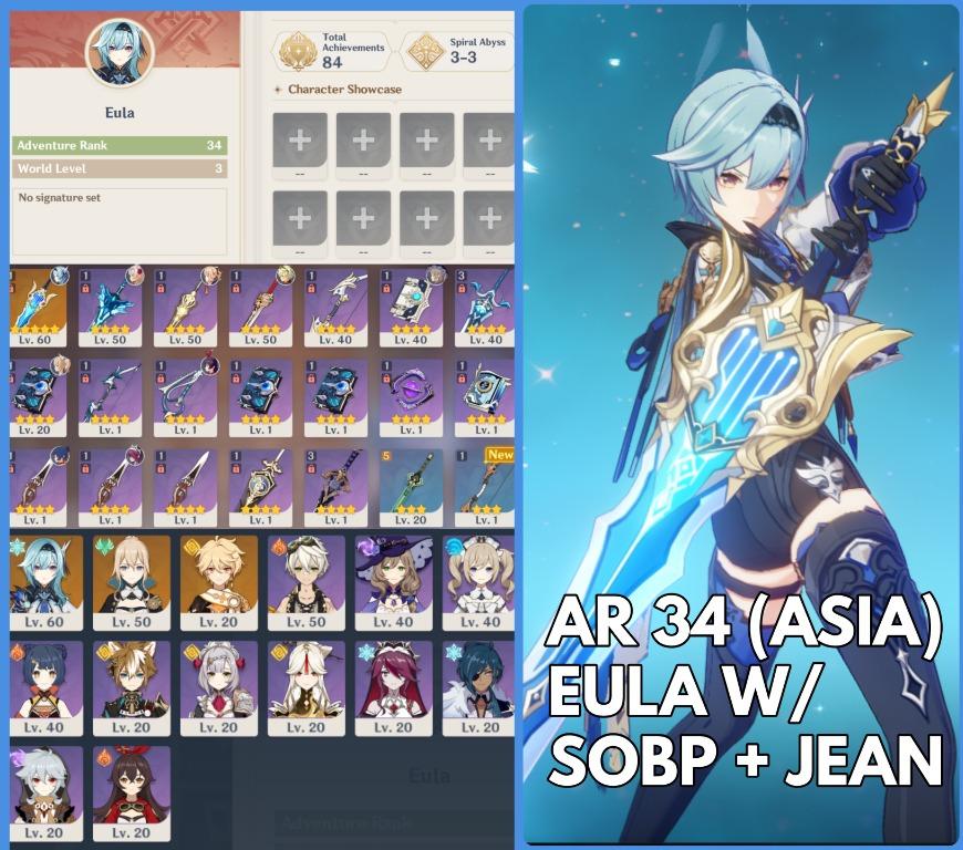 Genshin Eula w/ Signature Weapon + Jean MID AR Account, Video Gaming ...
