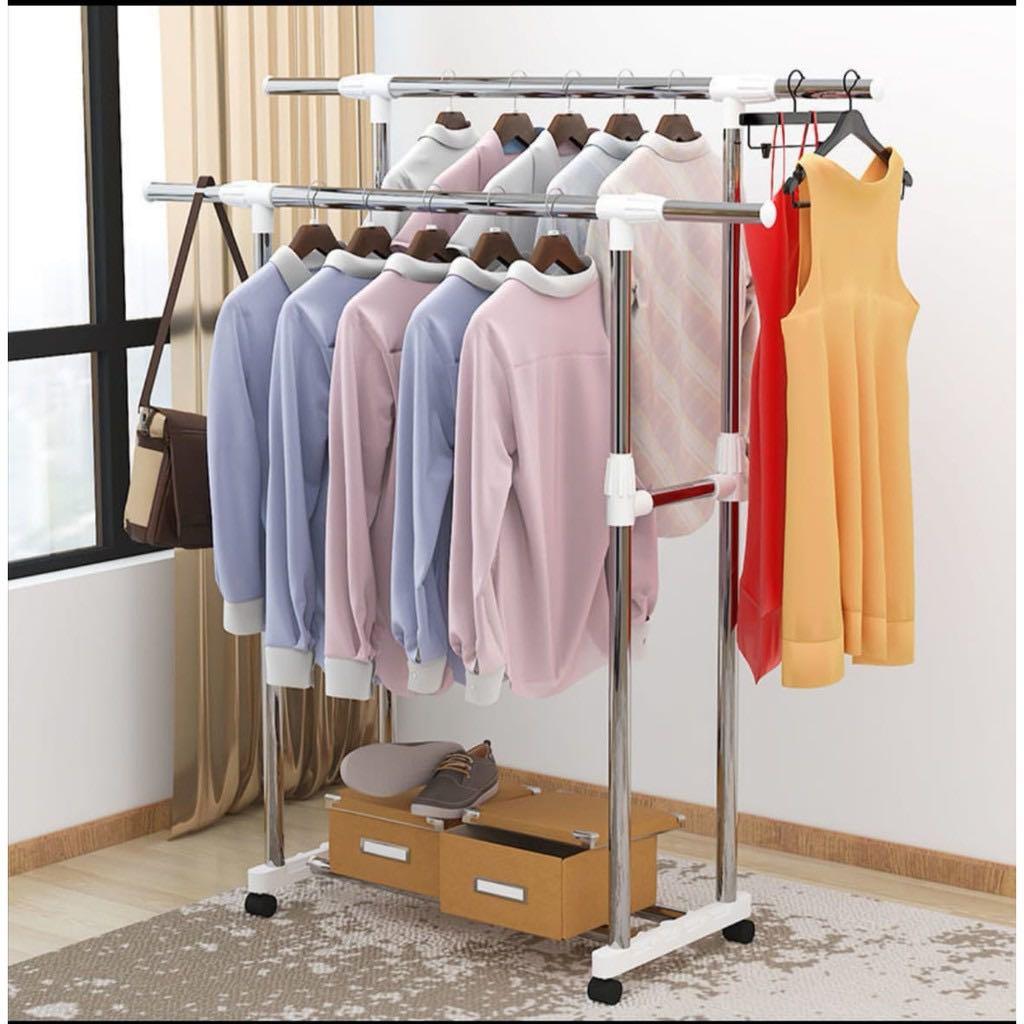 Portable Double Pole Clothes Hanger Rack (Adjustable Height ...