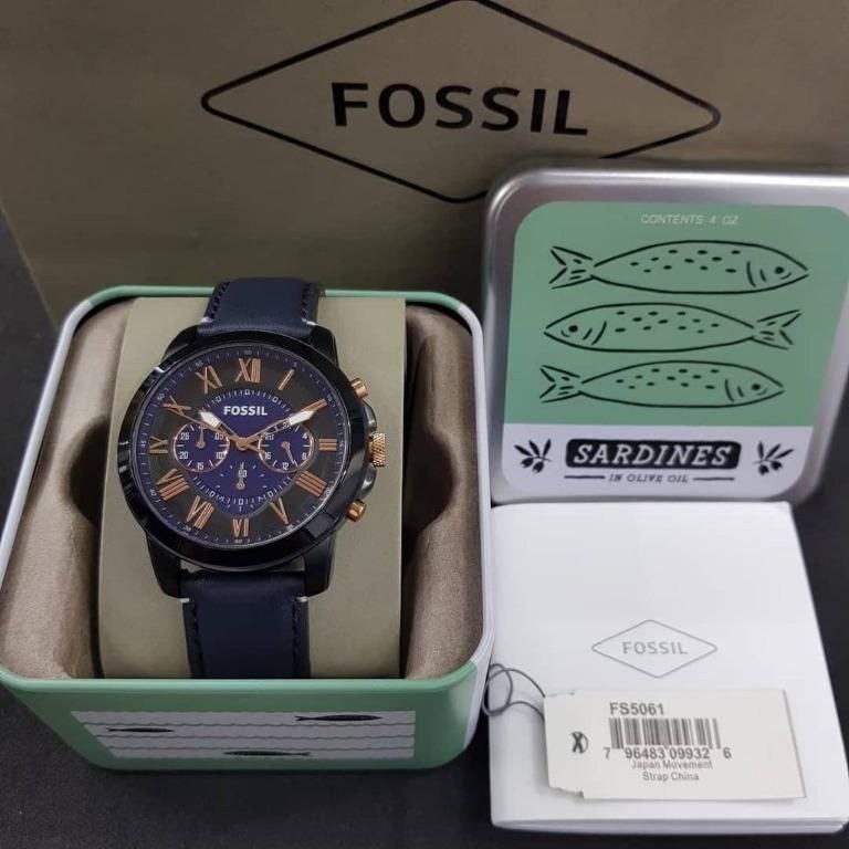 Authentic Fossil Men'S Grant Chronograph Navy Leather Watch FS5061, Men ...