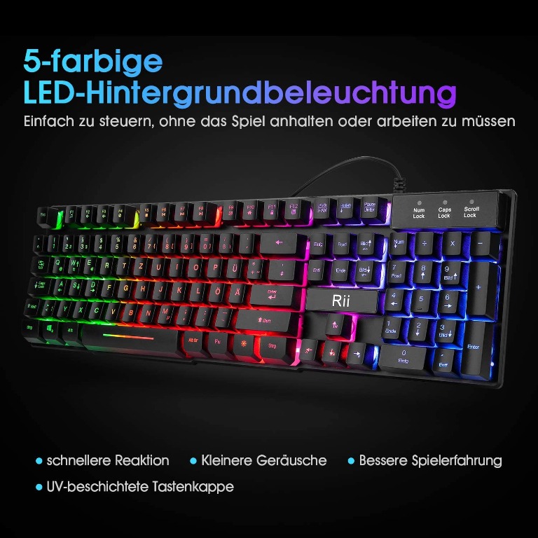 "Rii RK100+ Gaming Keyboard, 105 Keys, Mix Colour LED Backlit USB Wired ...