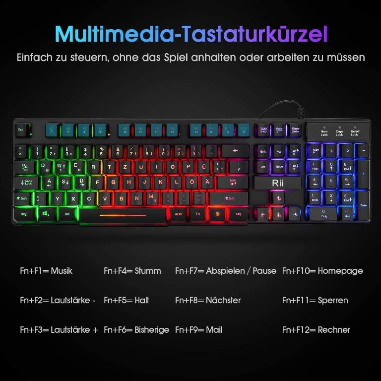 "Rii RK100+ Gaming Keyboard, 105 Keys, Mix Colour LED Backlit USB Wired ...