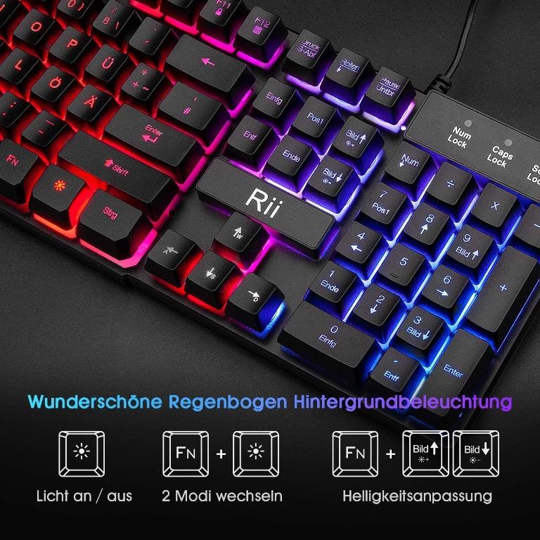 "Rii RK100+ Gaming Keyboard, 105 Keys, Mix Colour LED Backlit USB Wired ...