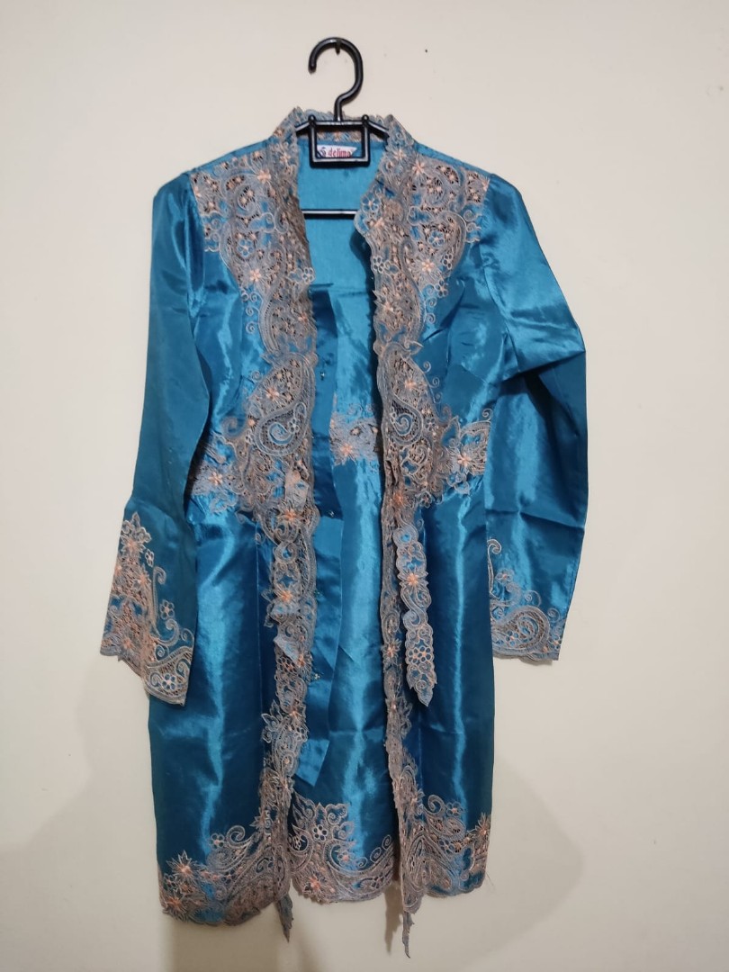 DEPOK • Baju kebaya Satin Warna Biru Bordir Orange, Fesyen Wanita ...