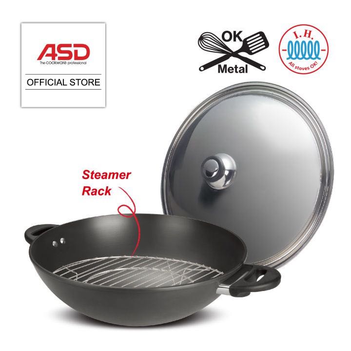 BNIB ASD anodised wok with steamer 40cm, TV & Home Appliances, Kitchen ...