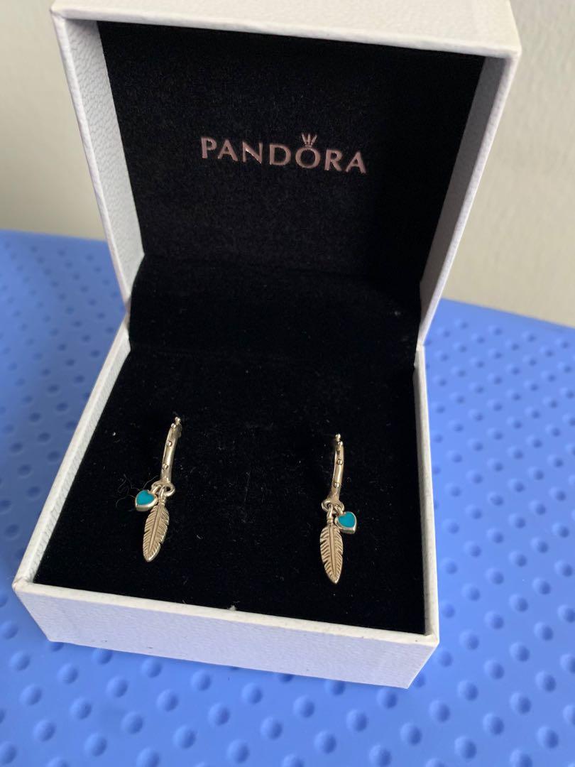 Pandora turquoise hearts and feather hoop earrings Women s Fashion Jewelry Organisers Earrings on Carousell