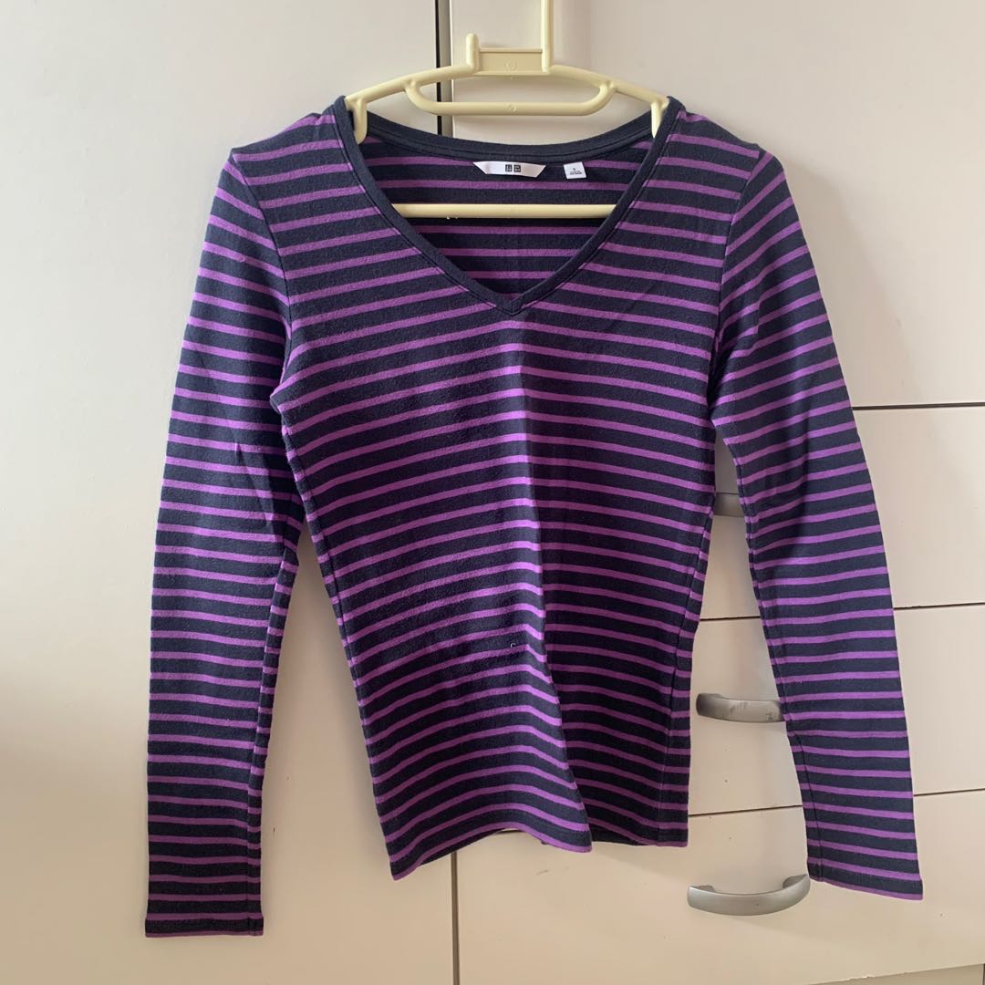 Purple Uniqlo Striped Long Sleeve, Women's Fashion, Tops, Longsleeves ...