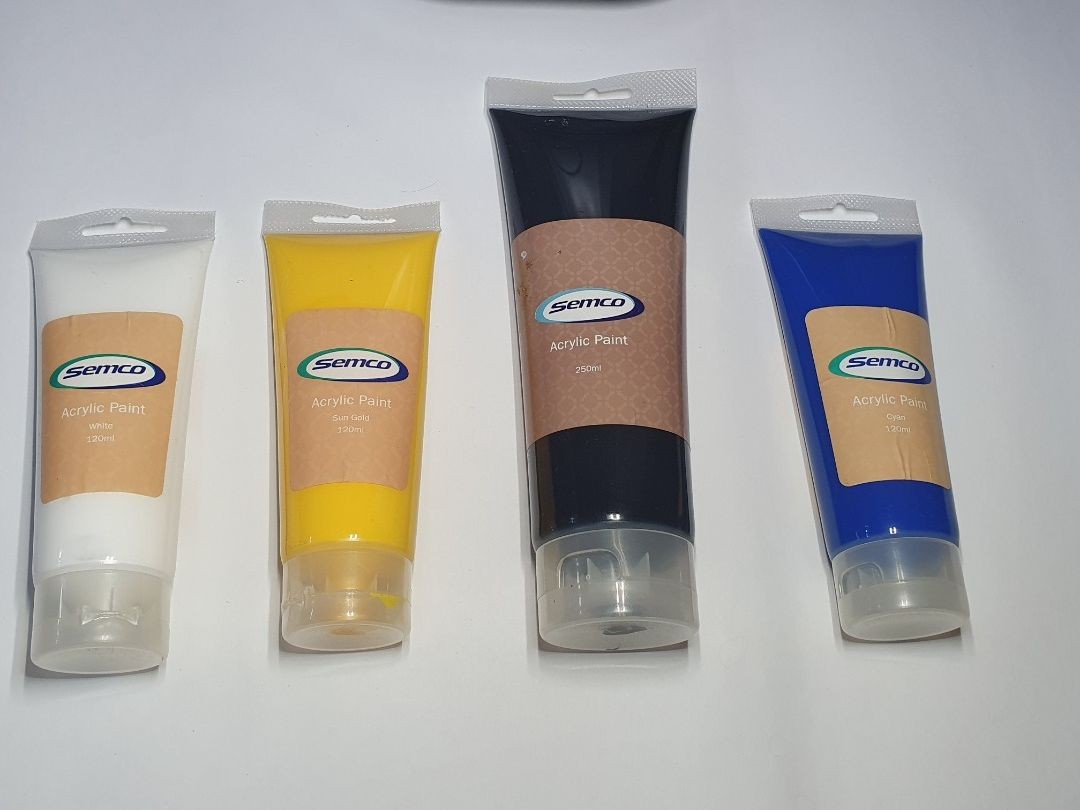 Semco Acrylic Paint - Black, Yellow (Sun Gold), Blue Cyan, White 120ml ...