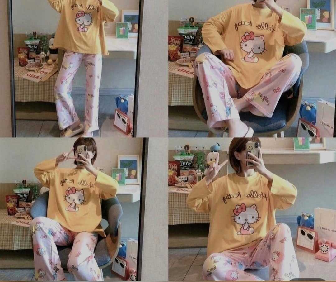 Hello Kitty Mustard & Pink Pajamas Set, Women's Fashion, New ...
