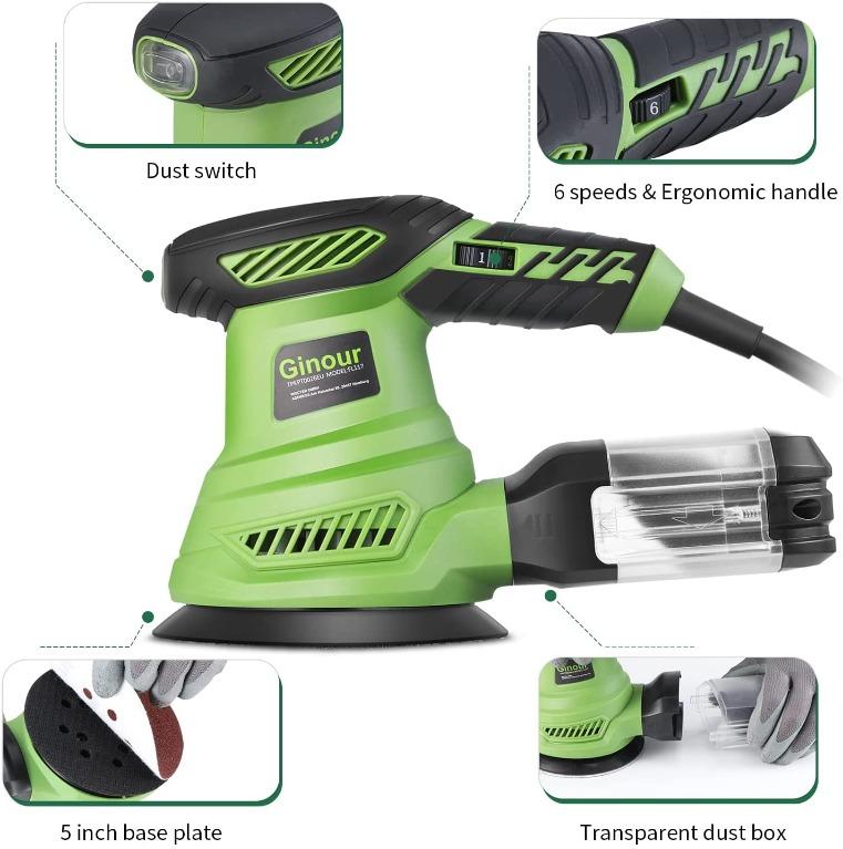 Orbital Sander Ginour 125MM Random Orbit Sander 13000RPM 6 Variable Speed 15Pcs Sandpapers Sponge Disc Wool Disc Efficient Dust Collection System Ideal for Sanding Polishing Wood Furniture Home Living...