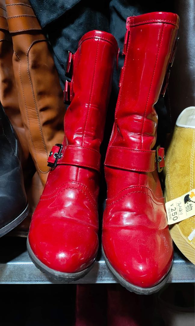 Ankle Red Shiny Latex/Leather Boots, Women's Fashion, Footwear, Boots ...