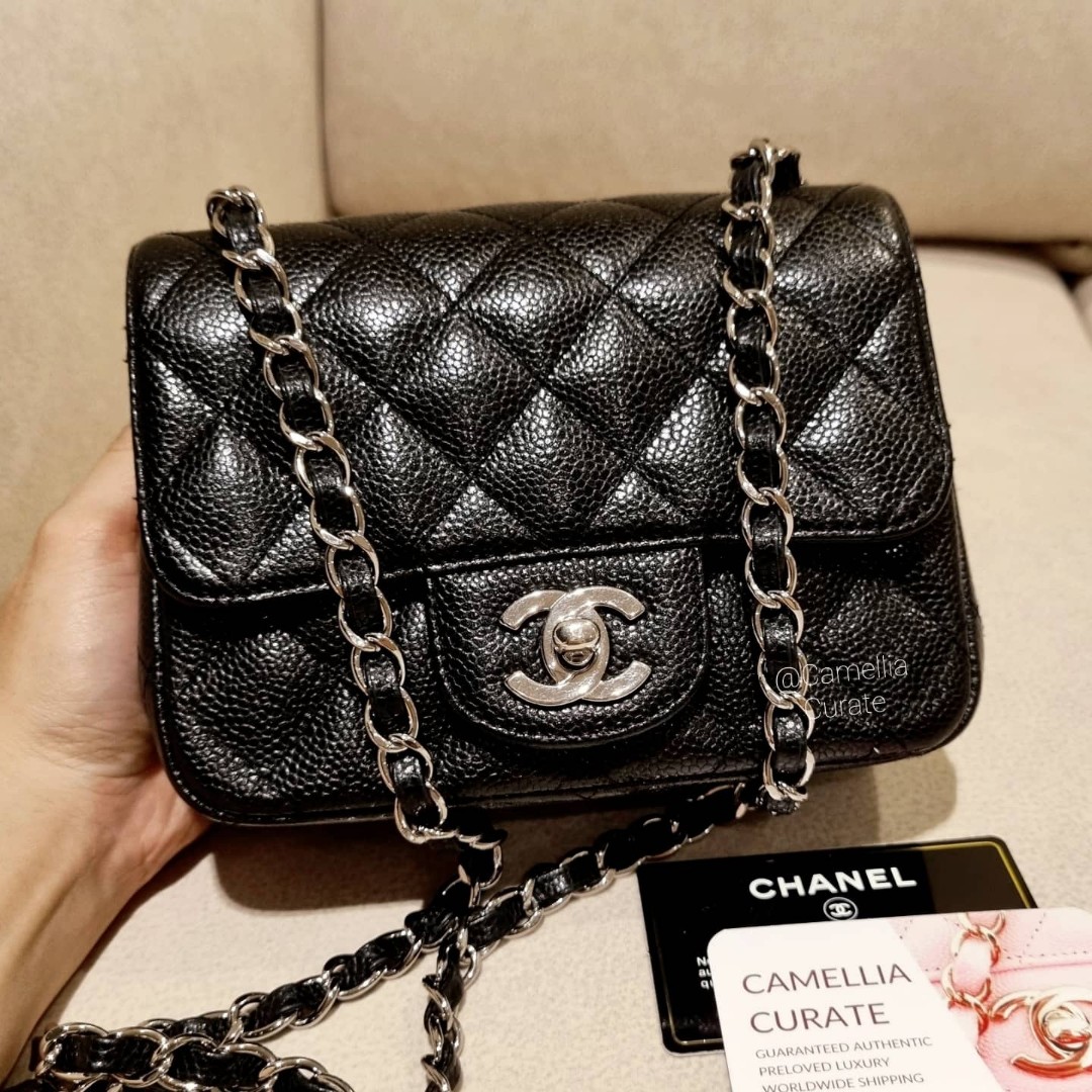 Chanel Mini Square Black Caviar Silver Hardware Vintage, Women's ...