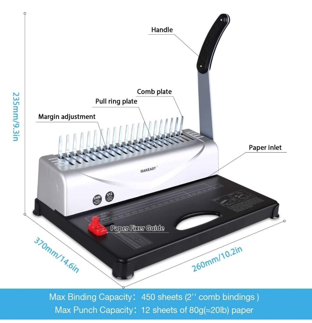 MAKEASY Comb Binding Machine, 21-Hole, 450 Sheet, Paper Punch Binder ...