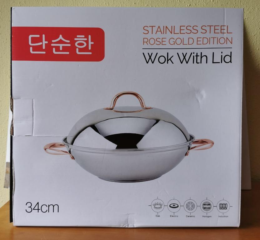 Stainless Steel Rose Gold edition Wok with Lid, Furniture & Home Living ...