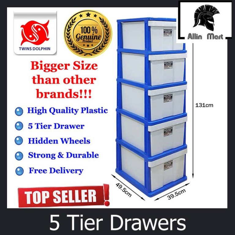 Twin Dolphin Plastic Storage Drawer With Wheels (5 Tier), Furniture ...