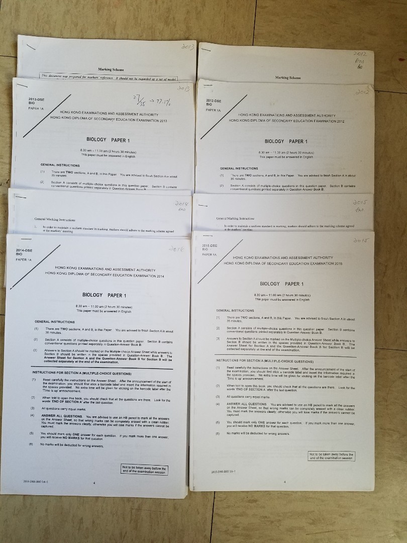 DSE Biology Paper 1A, 1B, 2 & marking scheme 2012~2015, 興趣及遊戲, 書本 & 文具 ...