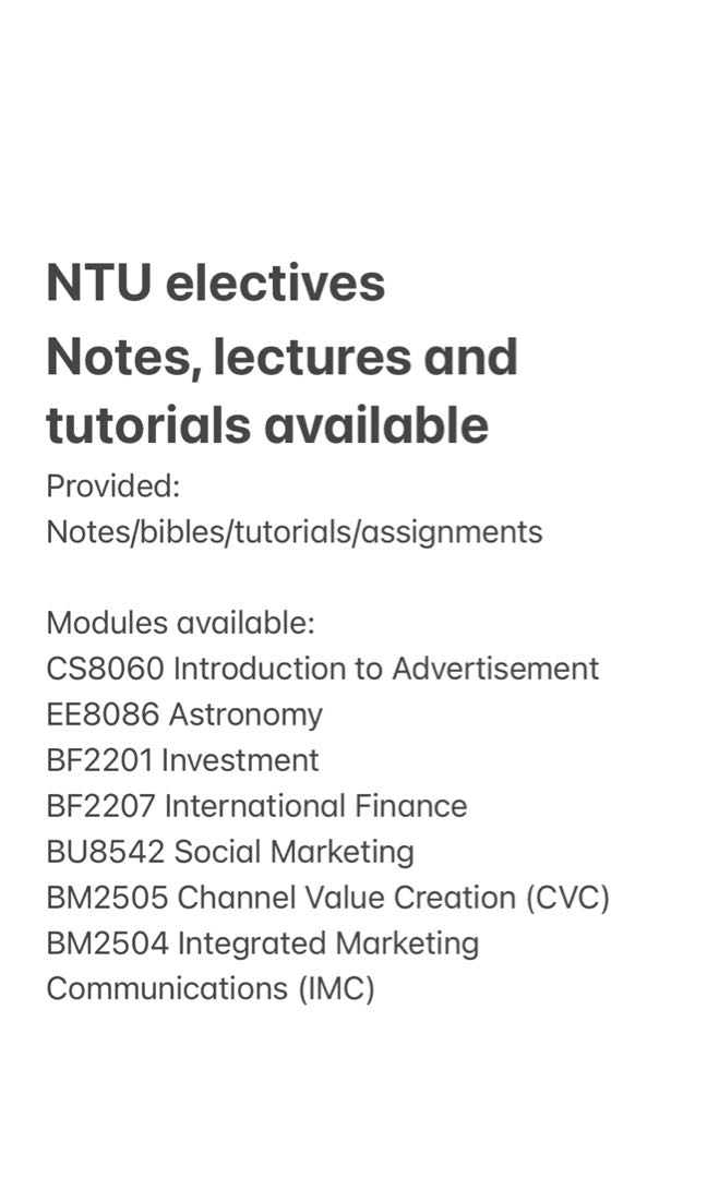 NTU electives Notes, lectures and tutorials available | CS8060, EE8086 ...