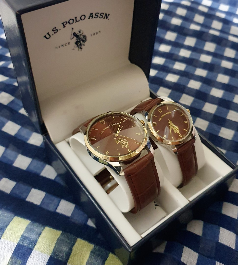 US Polo Assn (USPA) Brown Couple Watch - Leather Strap, Women's Fashion ...